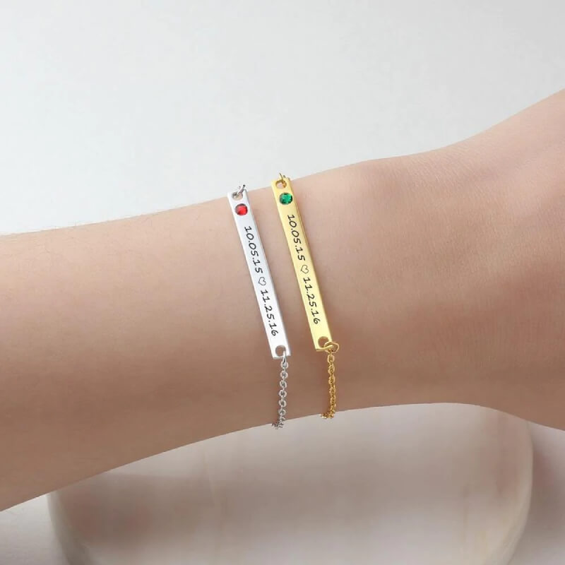 Engraved Bar Bracelet with Personalized Birthstone – Get Engravings